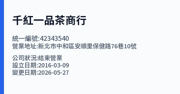千紅一品茶商行的照片-統編 42343540(新北市) 公司登記資料與營業項目詳細圖表