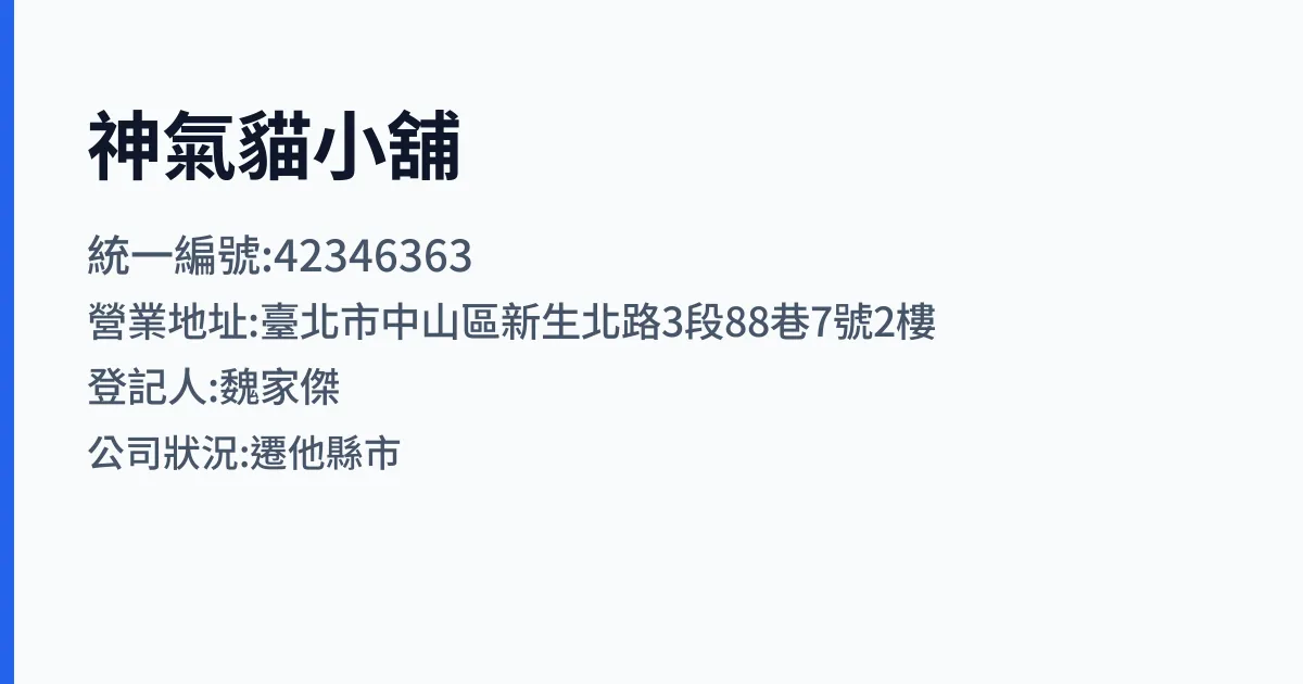 神氣貓小舖 - 統編 42346363(新竹市) 公司登記資料與營業項目詳細圖表
