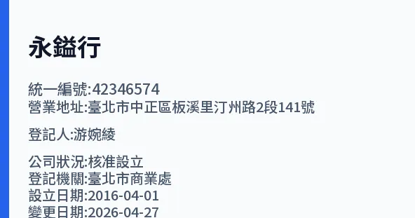 永鎰行的照片-統編 42346574(臺北市) 公司登記資料與營業項目詳細圖表