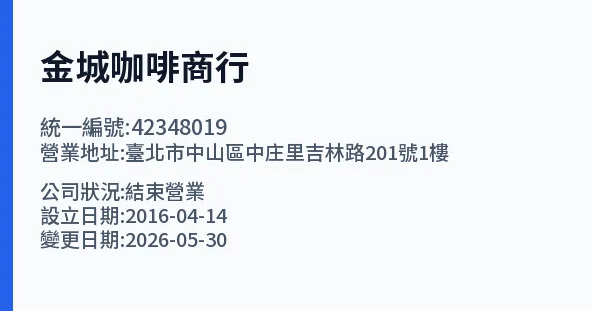 金城咖啡商行的照片-統編 42348019(臺北市) 公司登記資料與營業項目詳細圖表