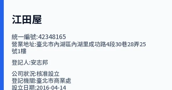 江田屋的照片-統編 42348165(臺北市) 公司登記資料與營業項目詳細圖表