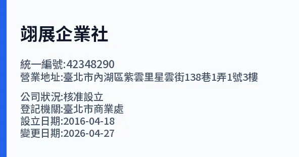 翊展企業社的照片-統編 42348290(臺北市) 公司登記資料與營業項目詳細圖表