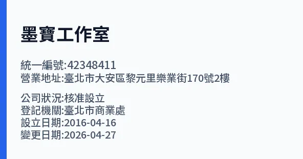 墨寶工作室的照片-統編 42348411(臺北市) 公司登記資料與營業項目詳細圖表