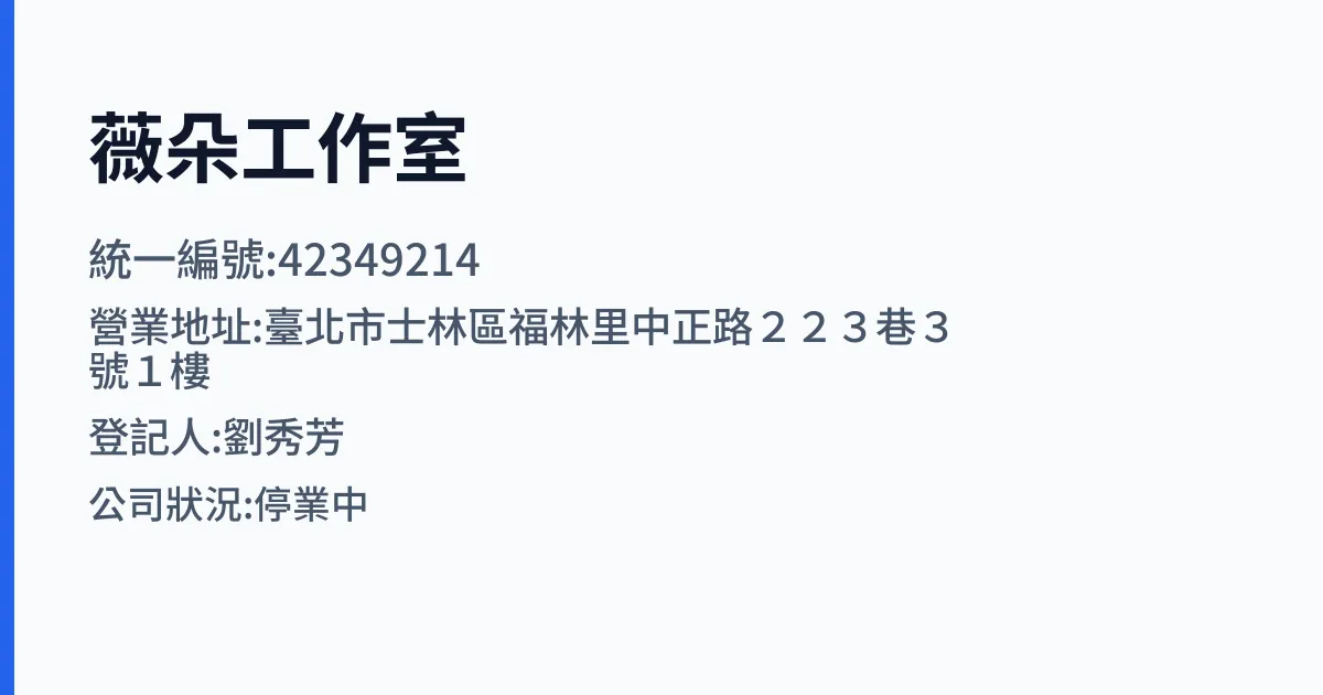 薇朵工作室 - 統編 42349214(臺北市) 公司登記資料與營業項目詳細圖表