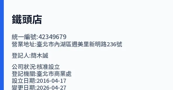 鐵頭店的照片-統編 42349679(臺北市) 公司登記資料與營業項目詳細圖表
