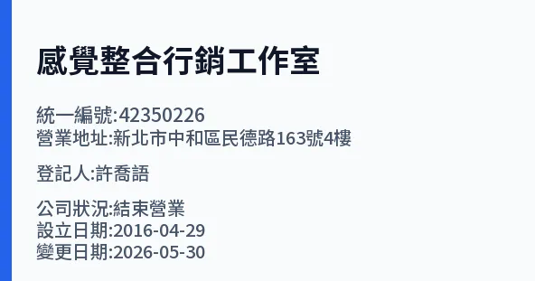 感覺整合行銷工作室的照片-統編 42350226(新北市) 公司登記資料與營業項目詳細圖表