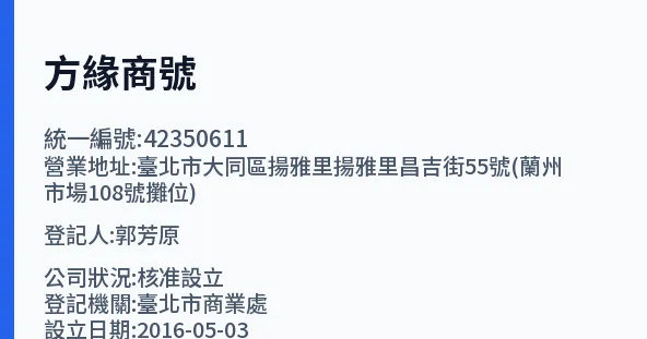 方緣商號的照片-統編 42350611(臺北市) 公司登記資料與營業項目詳細圖表