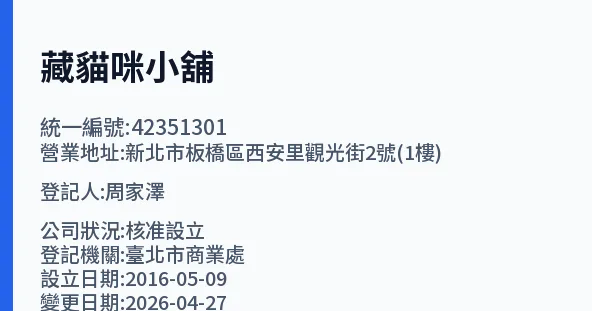 藏貓咪小舖的照片-統編 42351301(新北市) 公司登記資料與營業項目詳細圖表