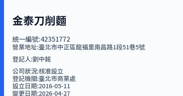 金泰刀削麵的照片-統編 42351772(臺北市) 公司登記資料與營業項目詳細圖表