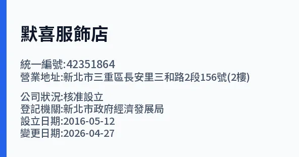 默喜服飾店的照片-統編 42351864(新北市) 公司登記資料與營業項目詳細圖表