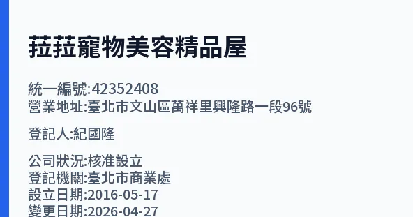 菈菈寵物美容精品屋的照片-統編 42352408(臺北市) 公司登記資料與營業項目詳細圖表
