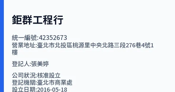 鉅群工程行的照片-統編 42352673(臺北市) 公司登記資料與營業項目詳細圖表