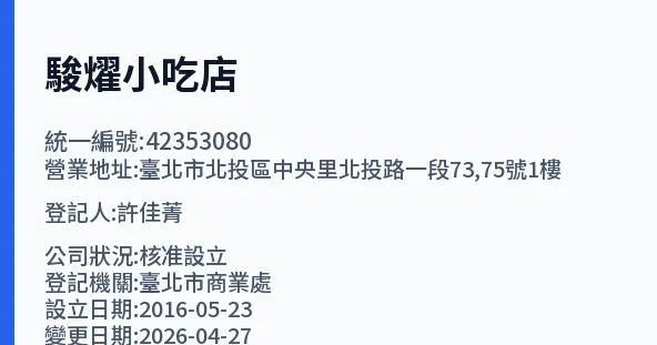 駿燿小吃店的照片-統編 42353080(臺北市) 公司登記資料與營業項目詳細圖表