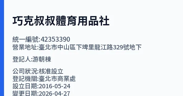 巧克叔叔體育用品社的照片-統編 42353390(臺北市) 公司登記資料與營業項目詳細圖表
