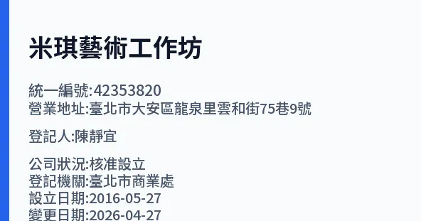 米琪藝術工作坊的照片-統編 42353820(臺北市) 公司登記資料與營業項目詳細圖表