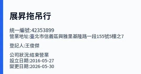 展昇拖吊行的照片-統編 42353899(臺北市) 公司登記資料與營業項目詳細圖表