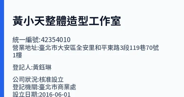 黃小天整體造型工作室的照片-統編 42354010(臺北市) 公司登記資料與營業項目詳細圖表