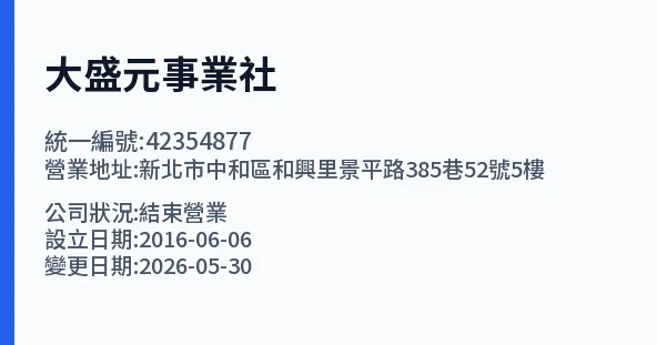 大盛元事業社的照片-統編 42354877(新北市) 公司登記資料與營業項目詳細圖表