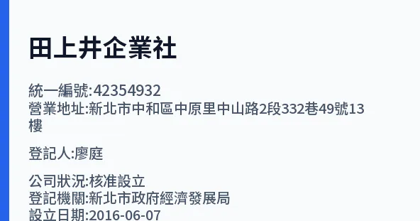田上井企業社的照片-統編 42354932(新北市) 公司登記資料與營業項目詳細圖表