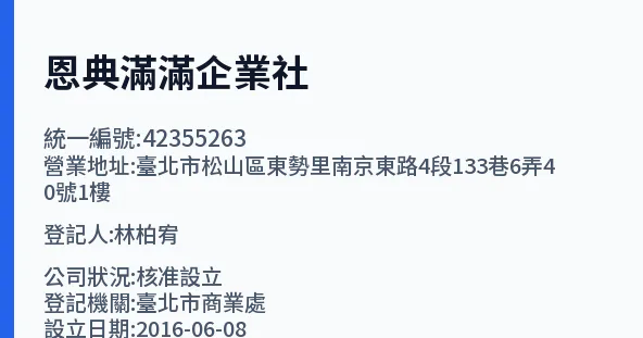 恩典滿滿企業社的照片-統編 42355263(臺北市) 公司登記資料與營業項目詳細圖表