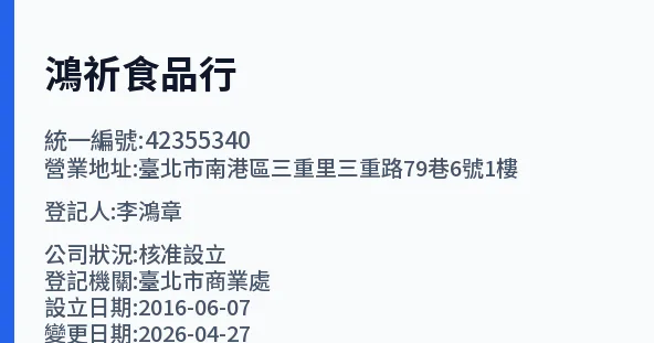 鴻祈食品行的照片-統編 42355340(臺北市) 公司登記資料與營業項目詳細圖表
