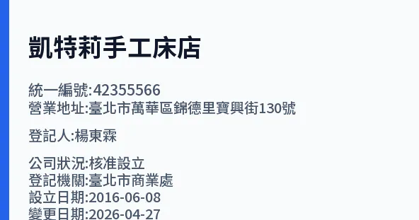 凱特莉手工床店的照片-統編 42355566(臺北市) 公司登記資料與營業項目詳細圖表