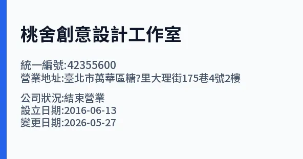 桃舍創意設計工作室的照片-統編 42355600(臺北市) 公司登記資料與營業項目詳細圖表