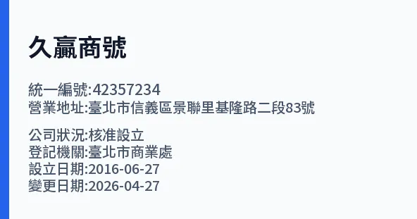 久贏商號的照片-統編 42357234(臺北市) 公司登記資料與營業項目詳細圖表