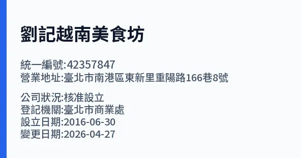 劉記越南美食坊的照片-統編 42357847(臺北市) 公司登記資料與營業項目詳細圖表