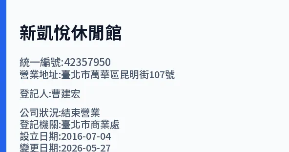新凱悅休閒館的照片-統編 42357950(臺北市) 公司登記資料與營業項目詳細圖表