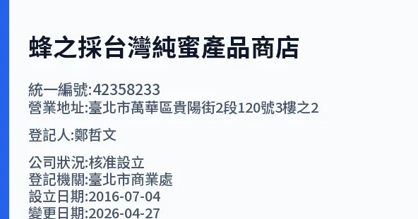 蜂之採台灣純蜜產品商店的照片-統編 42358233(臺北市) 公司登記資料與營業項目詳細圖表