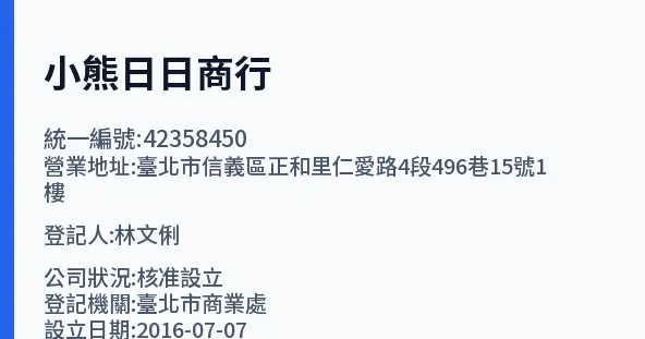 小熊日日商行的照片-統編 42358450(臺北市) 公司登記資料與營業項目詳細圖表