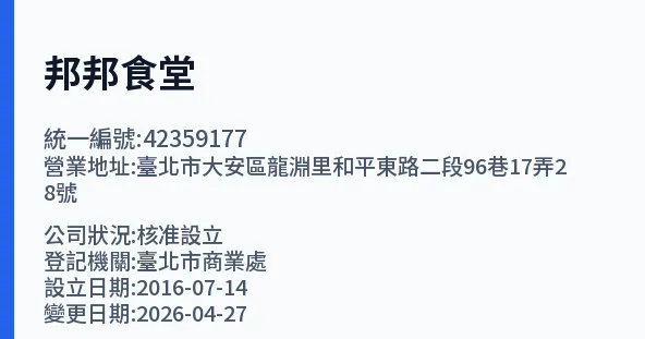 邦邦食堂的照片-統編 42359177(臺北市) 公司登記資料與營業項目詳細圖表