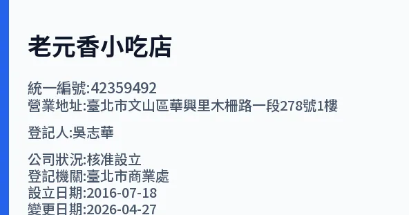 老元香小吃店的照片-統編 42359492(臺北市) 公司登記資料與營業項目詳細圖表