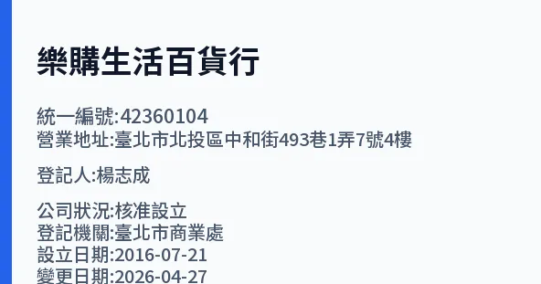樂購生活百貨行的照片-統編 42360104(臺北市) 公司登記資料與營業項目詳細圖表