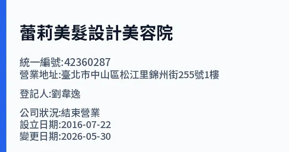 蕾莉美髮設計美容院的照片-統編 42360287(臺北市) 公司登記資料與營業項目詳細圖表