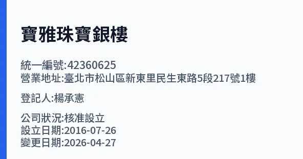寶雅珠寶銀樓的照片-統編 42360625(臺北市) 公司登記資料與營業項目詳細圖表
