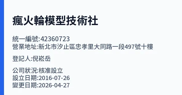 瘋火輪模型技術社的照片-統編 42360723(新北市) 公司登記資料與營業項目詳細圖表