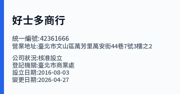 好士多商行的照片-統編 42361666(臺北市) 公司登記資料與營業項目詳細圖表