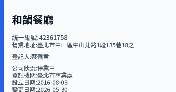 和韻餐廳的照片-統編 42361758(臺北市) 公司登記資料與營業項目詳細圖表
