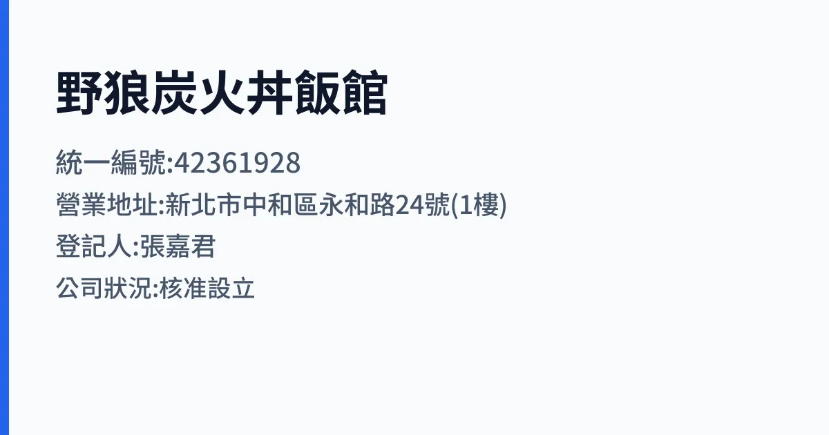 野狼炭火丼飯館 - 統編 42361928(新北市) 公司登記資料與營業項目詳細圖表