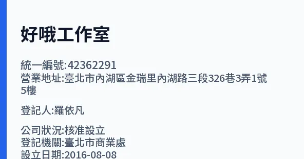 好哦工作室的照片-統編 42362291(臺北市) 公司登記資料與營業項目詳細圖表