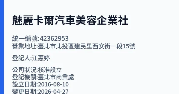 魅麗卡爾汽車美容企業社的照片-統編 42362953(臺北市) 公司登記資料與營業項目詳細圖表