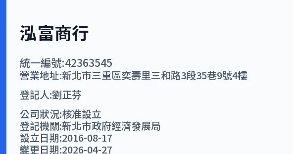 泓富商行的照片-統編 42363545(新北市) 公司登記資料與營業項目詳細圖表