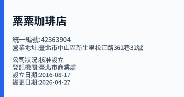 粟粟珈琲店的照片-統編 42363904(臺北市) 公司登記資料與營業項目詳細圖表
