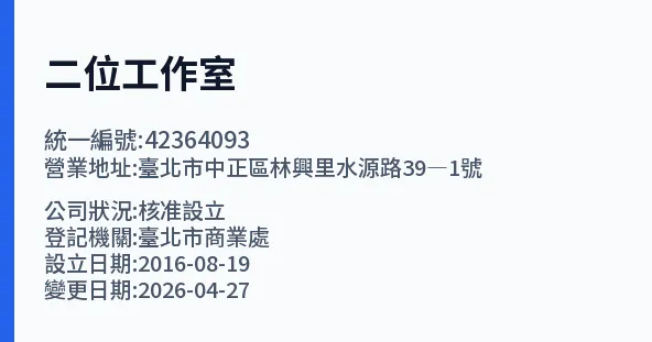 二位工作室的照片-統編 42364093(臺北市) 公司登記資料與營業項目詳細圖表