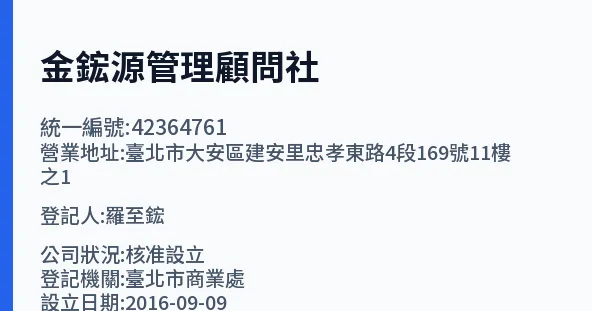 金鋐源管理顧問社的照片-統編 42364761(臺北市) 公司登記資料與營業項目詳細圖表