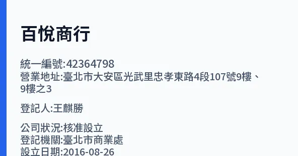 百悅商行的照片-統編 42364798(臺北市) 公司登記資料與營業項目詳細圖表