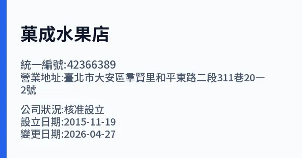 菓成水果店的照片-統編 42366389(臺北市) 公司登記資料與營業項目詳細圖表