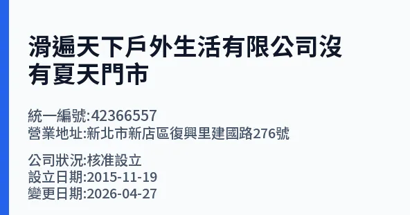 滑遍天下戶外生活有限公司沒有夏天門市的照片-統編 42366557(新北市) 公司登記資料與營業項目詳細圖表